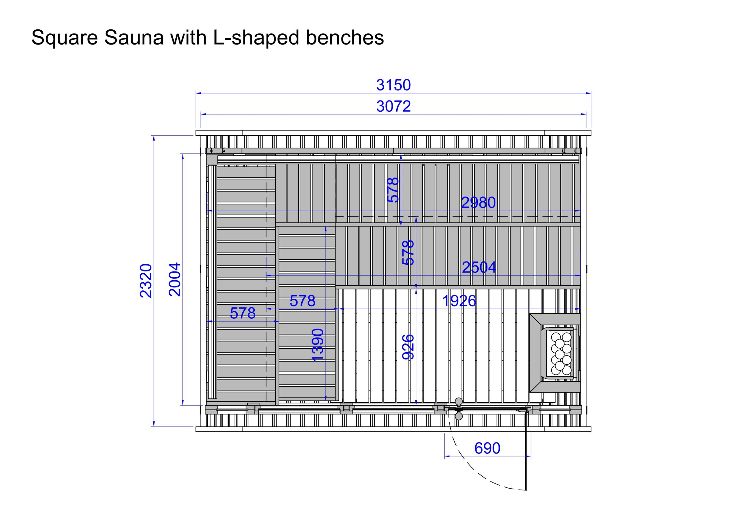 Plan Square Sauna with L-shaped benches | Woodprofessionals.lt